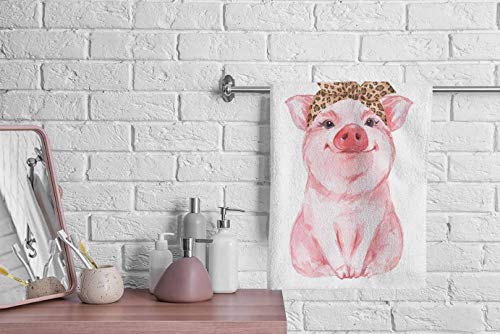 oFloral Pig Hand Towels Cotton Washcloths,Farm Animal Funny Cute Piggy Wearing Leopard Bandana Pink Super-Absorbent Soft Towels for Bath/Yoga/Golf/Hair Towel for Men/Women/Girl/Boys 15X30 Inch