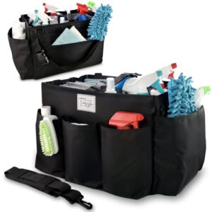 professional cleaning caddy organizer with handle xl, shoulder and waist straps - cleaning supplies organizer - cleaning supply caddy - lots of spacious pockets for cloths, supplies (black)