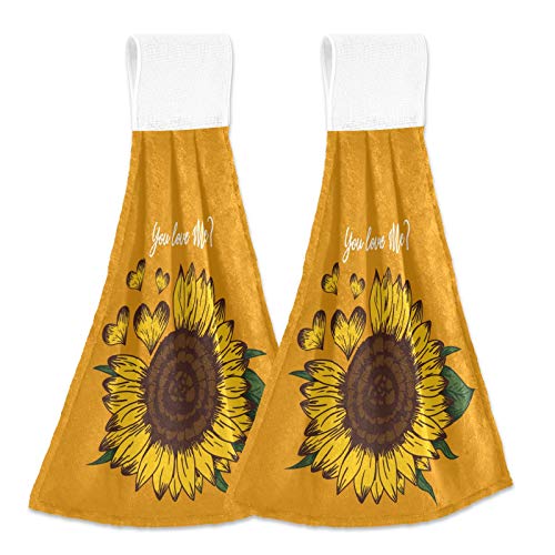 Cute Spring Sunflower Microfiber Hanging Kitchen Towels 2 Pack Rustic Valentine Quotes Floral Soft Hand Towel with Loop for Bathroom Kitchen Powder Room Oven Absorbent Washcloth