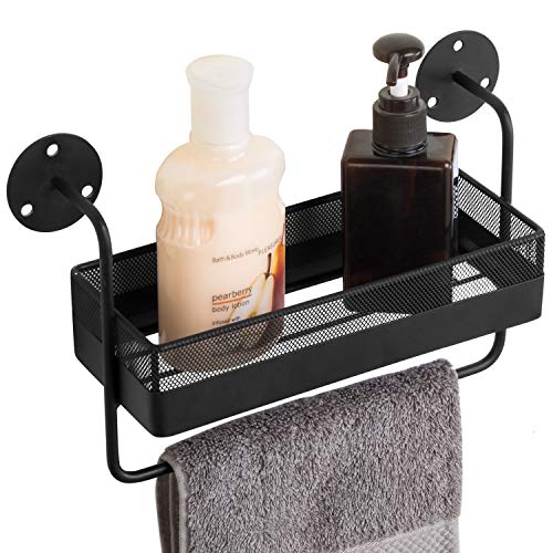 MyGift Wall Mounted Metal Bathroom Storage Shelf, Bath Accessories Toiletries Basket with Hand Towel Bar Rack