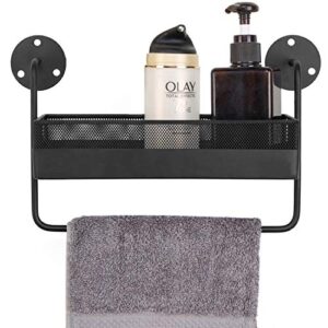 MyGift Wall Mounted Metal Bathroom Storage Shelf, Bath Accessories Toiletries Basket with Hand Towel Bar Rack