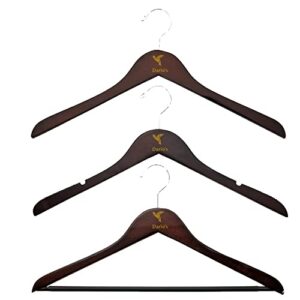 Wooden Hangers for Shirts,Jackets,Pants,Suits and Coats Hangers with Non Slip Bar ,Precisely Cut Notches-360-Degree Swivel Chrome Hook-Smooth Finish Clothes Hanger 5 Pack Heavy Duty Hangers by Darios