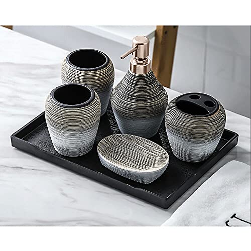 5 Piece Textured Ceramic Bathroom Accessory Set Includes Soap Dish, Lotion Dispenser, Toothbrush Holder and Gargle Cup +Tray Set 5Pcs Bathroom Accessories