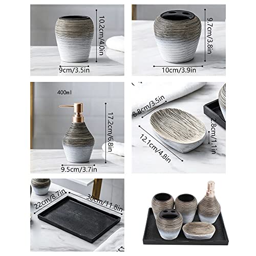 5 Piece Textured Ceramic Bathroom Accessory Set Includes Soap Dish, Lotion Dispenser, Toothbrush Holder and Gargle Cup +Tray Set 5Pcs Bathroom Accessories