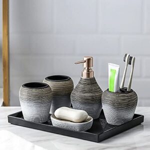 5 Piece Textured Ceramic Bathroom Accessory Set Includes Soap Dish, Lotion Dispenser, Toothbrush Holder and Gargle Cup +Tray Set 5Pcs Bathroom Accessories