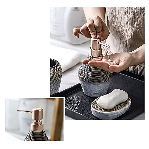 5 Piece Textured Ceramic Bathroom Accessory Set Includes Soap Dish, Lotion Dispenser, Toothbrush Holder and Gargle Cup +Tray Set 5Pcs Bathroom Accessories