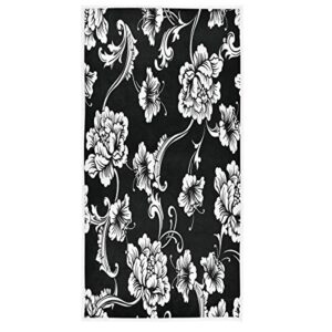 mchiver hand towels for bathroom cotton - white floral black background bath towels washcloths soft highly absorbent towels for pool 15 x 30 inches