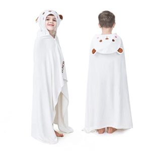 zionor bamboo hooded towel for kids - 35'' x 50'' extra large bath towels for kids 3-10 yrs, premium soft towels for boys girls, ultra absorbent and hypoallergenic (white, bear)