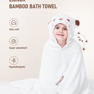 ZIONOR Bamboo Hooded Towel for Kids - 35'' x 50'' Extra Large Bath Towels for Kids 3-10 Yrs, Premium Soft Towels for Boys Girls, Ultra Absorbent and Hypoallergenic (White, Bear)