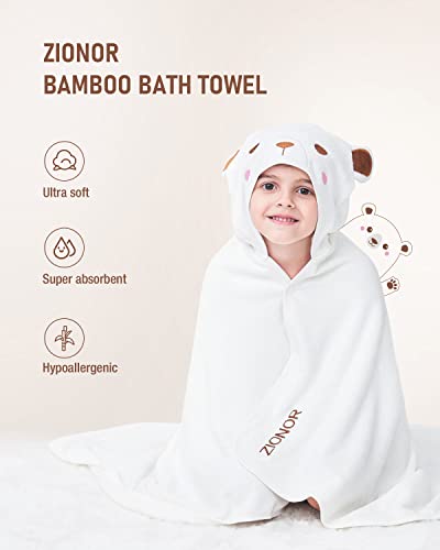 ZIONOR Bamboo Hooded Towel for Kids - 35'' x 50'' Extra Large Bath Towels for Kids 3-10 Yrs, Premium Soft Towels for Boys Girls, Ultra Absorbent and Hypoallergenic (White, Bear)