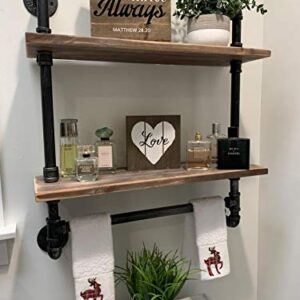 Industrial Pipe Shelf Bathroom Shelves Wall Mounted,19.6in Rustic Wood Shelf with Towel Bar,2 Tier Farmhouse Towel Rack Over Toilet,Pipe Shelving Floating Shelves Towel Holder,Retro Grey