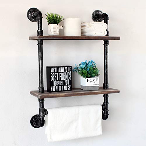 Industrial Pipe Shelf Bathroom Shelves Wall Mounted,19.6in Rustic Wood Shelf with Towel Bar,2 Tier Farmhouse Towel Rack Over Toilet,Pipe Shelving Floating Shelves Towel Holder,Retro Grey