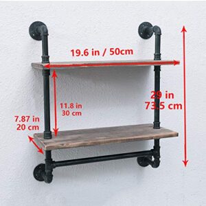 Industrial Pipe Shelf Bathroom Shelves Wall Mounted,19.6in Rustic Wood Shelf with Towel Bar,2 Tier Farmhouse Towel Rack Over Toilet,Pipe Shelving Floating Shelves Towel Holder,Retro Grey