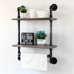 Industrial Pipe Shelf Bathroom Shelves Wall Mounted,19.6in Rustic Wood Shelf with Towel Bar,2 Tier Farmhouse Towel Rack Over Toilet,Pipe Shelving Floating Shelves Towel Holder,Retro Grey