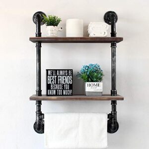 Industrial Pipe Shelf Bathroom Shelves Wall Mounted,19.6in Rustic Wood Shelf with Towel Bar,2 Tier Farmhouse Towel Rack Over Toilet,Pipe Shelving Floating Shelves Towel Holder,Retro Grey