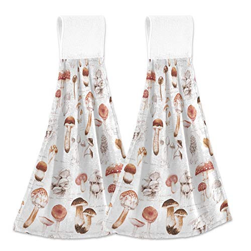 Oarencol Vintage Mushrooms Print Kitchen Hand Towel Absorbent Hanging Tie Towels with Loop for Bathroom 2 Pcs