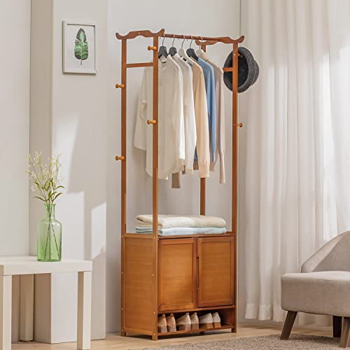 MoNiBloom Bamboo Free Standing Closet Organizer and Shoe Shelves, Clothing Rack with 1 Shelf, 1 Hanging Rods, 8 Hooks & Storage Cabinet for Bedroom Living Room, Brown