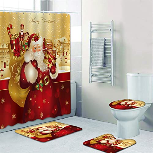 4 Pcs Merry Christmas Shower Curtain Set With Non-Slip Rug, Toilet Lid Cover And Bath Mat, 1 Survivor Pendant,Xmas Snowman Shower Curtains With 12 Hooks, Christmas Shower Curtain Sets For Bathroom