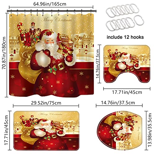 4 Pcs Merry Christmas Shower Curtain Set With Non-Slip Rug, Toilet Lid Cover And Bath Mat, 1 Survivor Pendant,Xmas Snowman Shower Curtains With 12 Hooks, Christmas Shower Curtain Sets For Bathroom