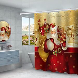 4 Pcs Merry Christmas Shower Curtain Set With Non-Slip Rug, Toilet Lid Cover And Bath Mat, 1 Survivor Pendant,Xmas Snowman Shower Curtains With 12 Hooks, Christmas Shower Curtain Sets For Bathroom