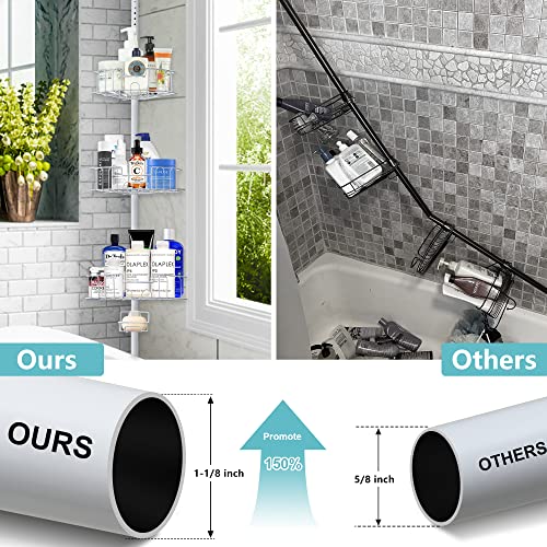 White Corner Shower Caddy Tension Pole - Heavy Duty Stainless Steel Shower Organizer Tension Pole - Adjustable Shower Pole Caddy for Inside Bathroom and Bathtub - 4 Tier Shelves, 40 to 120 Inch