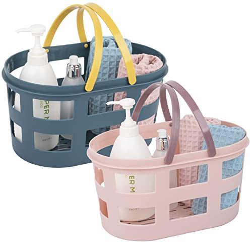 Anyoifax 2 Pack Portable Shower Caddy Tote Plastic Basket with Handle Storage Organizer Bin for Bathroom, Pantry, Kitchen, College Dorm, 12 x 7.4 x 6.5 inch, Set of 2, Pink & Deep Blue