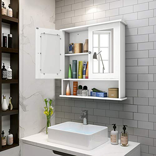 Tangkula Bathroom Cabinet Wall Mounted with Double Mirror Doors, Wood Hanging Cabinet with Doors and Shelves, Bathroom Wall Mirror Cabinet (White)