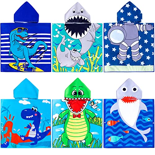 6 Pack Hooded Beach Towel for Kids Hooded Bath Towel 47 x 24 Inch Towel Poncho Kids Towel Set Microfiber Baby Towel for Girls Boys Between 1-7 Years Bathroom Beach Swim Supplies (Dinosaur, Shark)