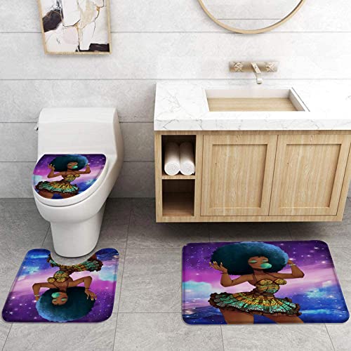 African American Woman Shower Curtains for Bathroom, 4PCS Bathroom Sets Include 1 Fabric Shower Curtain, 2 Non-Slip Bathroom Rugs and 1 Toilet Lid Cover, Black Girl Bathroom Decor (Purple)