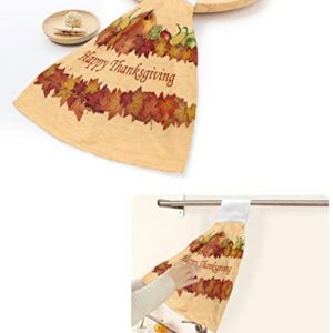 Happy Thanksgiving Orange Kitchen Hanging Towel Hand Towels with Loop, 1 Pack Soft Absorbent Tie Towel for Bathroom Farm Crops Pumpkin and Maple Leaves Tea Bar Dish Cloths Home Cleaning Terry