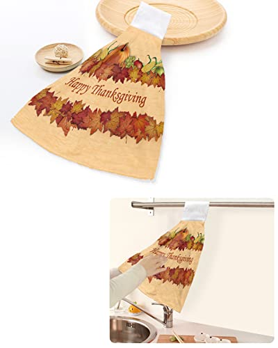 Happy Thanksgiving Orange Kitchen Hanging Towel Hand Towels with Loop, 1 Pack Soft Absorbent Tie Towel for Bathroom Farm Crops Pumpkin and Maple Leaves Tea Bar Dish Cloths Home Cleaning Terry