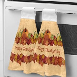 Happy Thanksgiving Orange Kitchen Hanging Towel Hand Towels with Loop, 1 Pack Soft Absorbent Tie Towel for Bathroom Farm Crops Pumpkin and Maple Leaves Tea Bar Dish Cloths Home Cleaning Terry