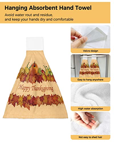 Happy Thanksgiving Orange Kitchen Hanging Towel Hand Towels with Loop, 1 Pack Soft Absorbent Tie Towel for Bathroom Farm Crops Pumpkin and Maple Leaves Tea Bar Dish Cloths Home Cleaning Terry