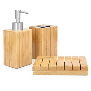 navaris bamboo bathroom accessories set - 3-piece bath set with toothbrush holder, liquid soap dispenser, soap dish - bath accessory trio 3 pieces