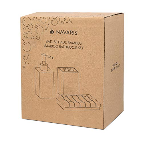 Navaris Bamboo Bathroom Accessories Set - 3-Piece Bath Set with Toothbrush Holder, Liquid Soap Dispenser, Soap Dish - Bath Accessory Trio 3 Pieces