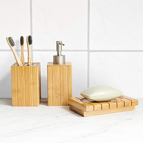 Navaris Bamboo Bathroom Accessories Set - 3-Piece Bath Set with Toothbrush Holder, Liquid Soap Dispenser, Soap Dish - Bath Accessory Trio 3 Pieces