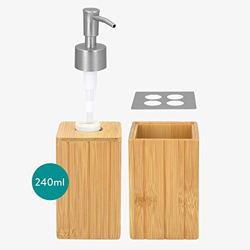 Navaris Bamboo Bathroom Accessories Set - 3-Piece Bath Set with Toothbrush Holder, Liquid Soap Dispenser, Soap Dish - Bath Accessory Trio 3 Pieces