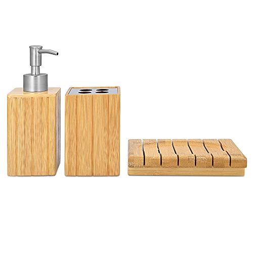 Navaris Bamboo Bathroom Accessories Set - 3-Piece Bath Set with Toothbrush Holder, Liquid Soap Dispenser, Soap Dish - Bath Accessory Trio 3 Pieces