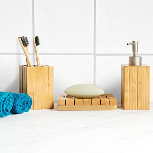 Navaris Bamboo Bathroom Accessories Set - 3-Piece Bath Set with Toothbrush Holder, Liquid Soap Dispenser, Soap Dish - Bath Accessory Trio 3 Pieces