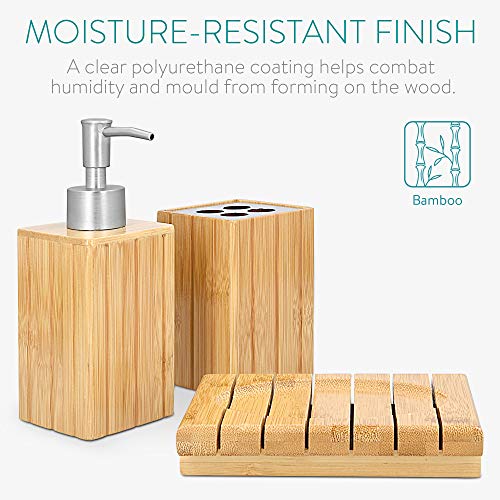 Navaris Bamboo Bathroom Accessories Set - 3-Piece Bath Set with Toothbrush Holder, Liquid Soap Dispenser, Soap Dish - Bath Accessory Trio 3 Pieces