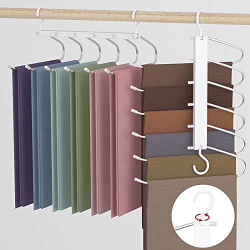 2 Pack Pants Hangers Space Saving - 6 Tier Multi Functional Pants Rack for Hanging Pants,Scarf,Jean,Clothes - Folding Collapsible Hangers for Closet Organizer,Non-Slip Multiple Hangers for Men Women