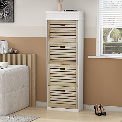 AGOTENI Tall Shoe Cabinet with 4 Flip Drawers, Narrow Storage Cabinet, Wood Shoe Storage for Hallway Entrance, White+Natural (21.7”W x 9.8”D x 64”H)