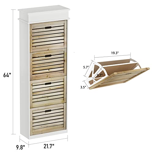 AGOTENI Tall Shoe Cabinet with 4 Flip Drawers, Narrow Storage Cabinet, Wood Shoe Storage for Hallway Entrance, White+Natural (21.7”W x 9.8”D x 64”H)