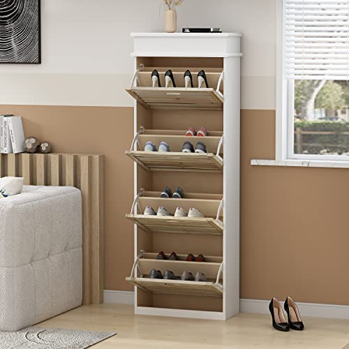 AGOTENI Tall Shoe Cabinet with 4 Flip Drawers, Narrow Storage Cabinet, Wood Shoe Storage for Hallway Entrance, White+Natural (21.7”W x 9.8”D x 64”H)