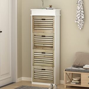 AGOTENI Tall Shoe Cabinet with 4 Flip Drawers, Narrow Storage Cabinet, Wood Shoe Storage for Hallway Entrance, White+Natural (21.7”W x 9.8”D x 64”H)