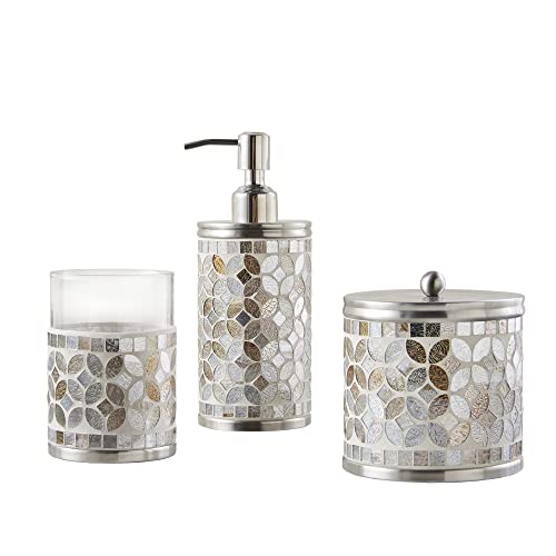 Madison Park Tesera Glass Bathroom Accessory Set, Stainless Steel Top, Handcrafted Mosaic Tiles, Vanity Décor, Lotion / Soap Dispenser with Pump, Tumbler, Covered Jar, Multi-Sizes, Silver/Gold 3 Piece