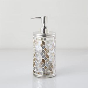 Madison Park Tesera Glass Bathroom Accessory Set, Stainless Steel Top, Handcrafted Mosaic Tiles, Vanity Décor, Lotion / Soap Dispenser with Pump, Tumbler, Covered Jar, Multi-Sizes, Silver/Gold 3 Piece