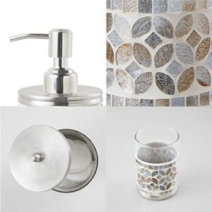 Madison Park Tesera Glass Bathroom Accessory Set, Stainless Steel Top, Handcrafted Mosaic Tiles, Vanity Décor, Lotion / Soap Dispenser with Pump, Tumbler, Covered Jar, Multi-Sizes, Silver/Gold 3 Piece