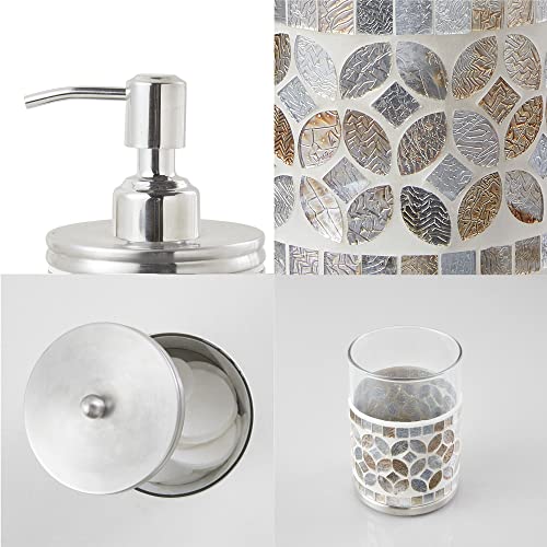 Madison Park Tesera Glass Bathroom Accessory Set, Stainless Steel Top, Handcrafted Mosaic Tiles, Vanity Décor, Lotion / Soap Dispenser with Pump, Tumbler, Covered Jar, Multi-Sizes, Silver/Gold 3 Piece