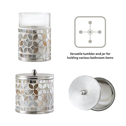 Madison Park Tesera Glass Bathroom Accessory Set, Stainless Steel Top, Handcrafted Mosaic Tiles, Vanity Décor, Lotion / Soap Dispenser with Pump, Tumbler, Covered Jar, Multi-Sizes, Silver/Gold 3 Piece